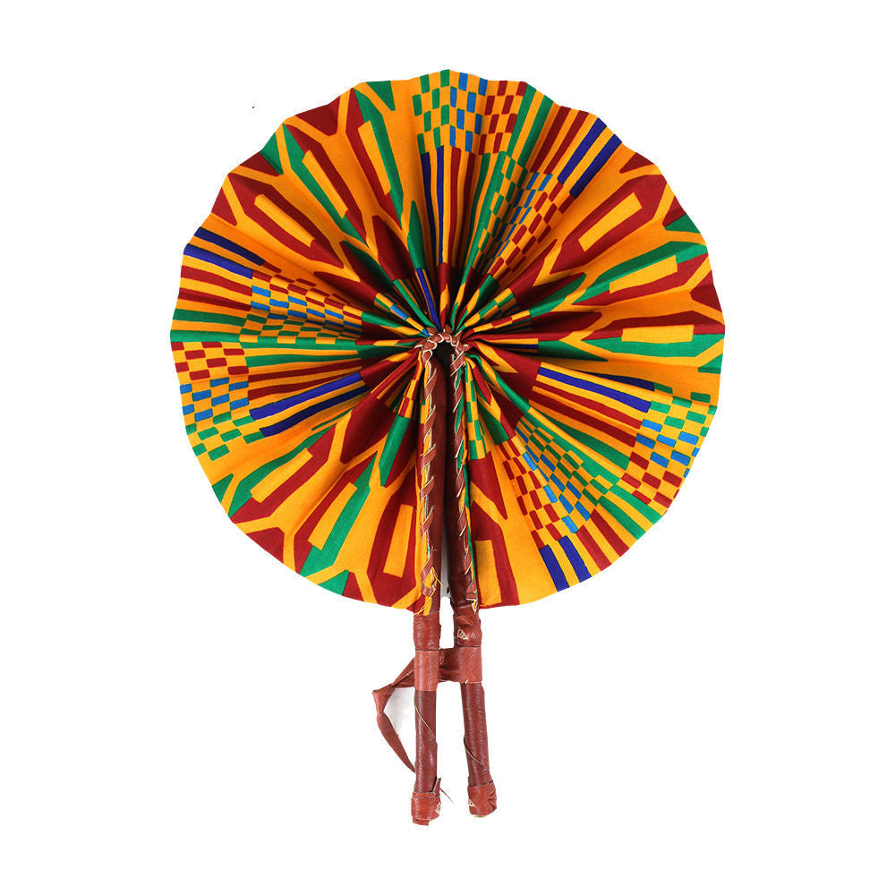 Ankara Fabric Foldable Round Fan with Leather Trim Handle (Made in Gha ...