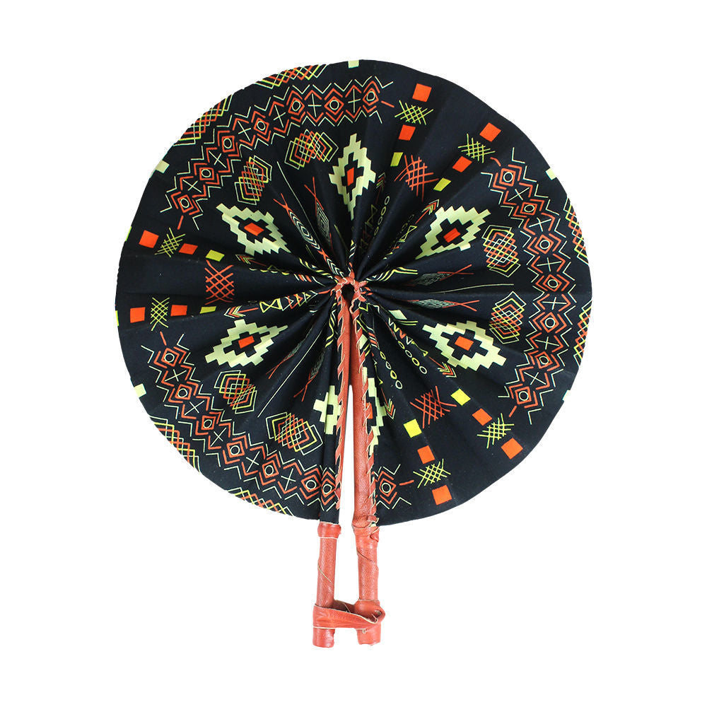 Ankara Fabric Foldable Round Fan with Leather Trim Handle (Made in Gha ...