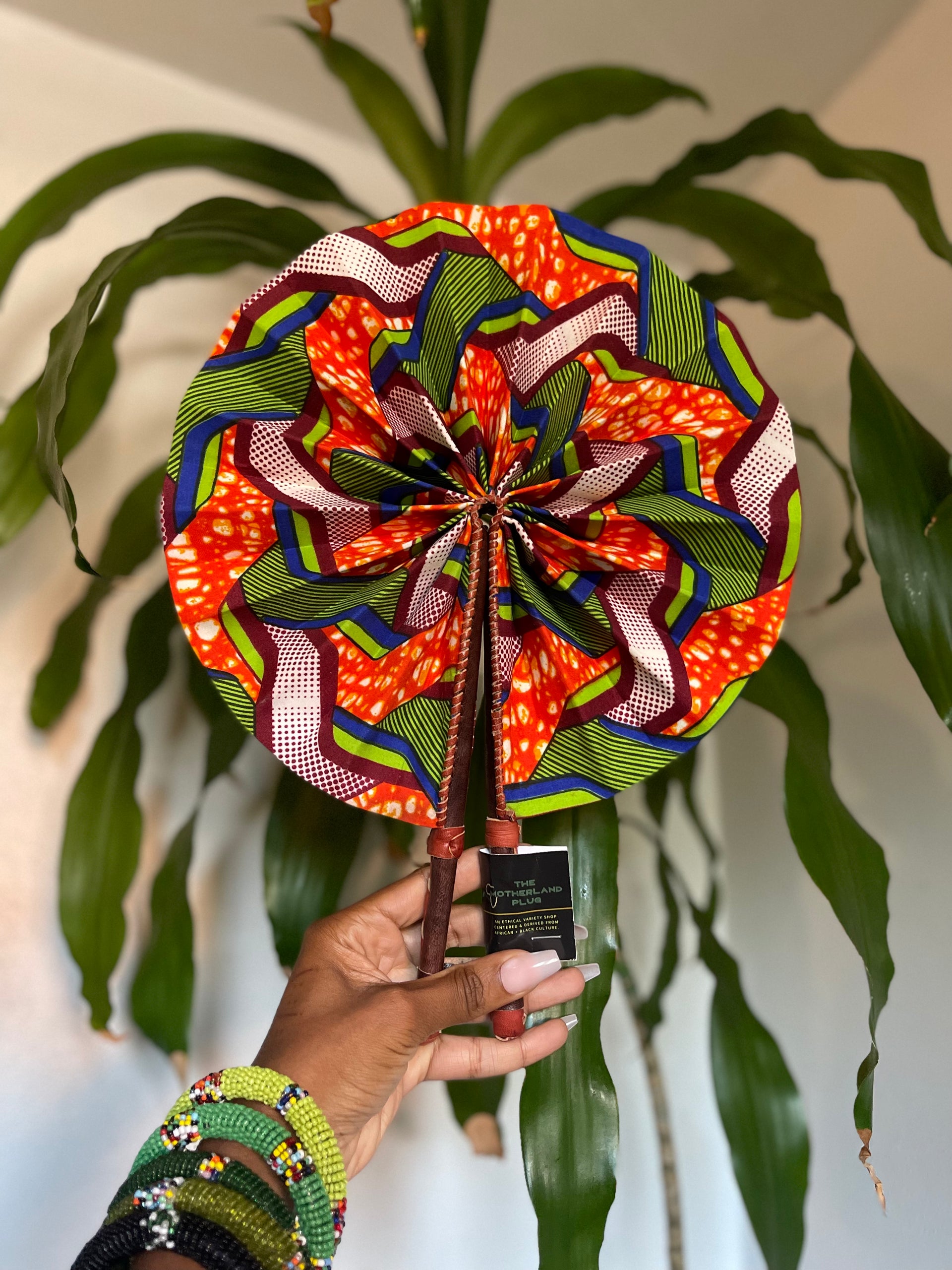 Ankara Fabric Foldable Round Fan with Leather Trim Handle (Made in Gha ...