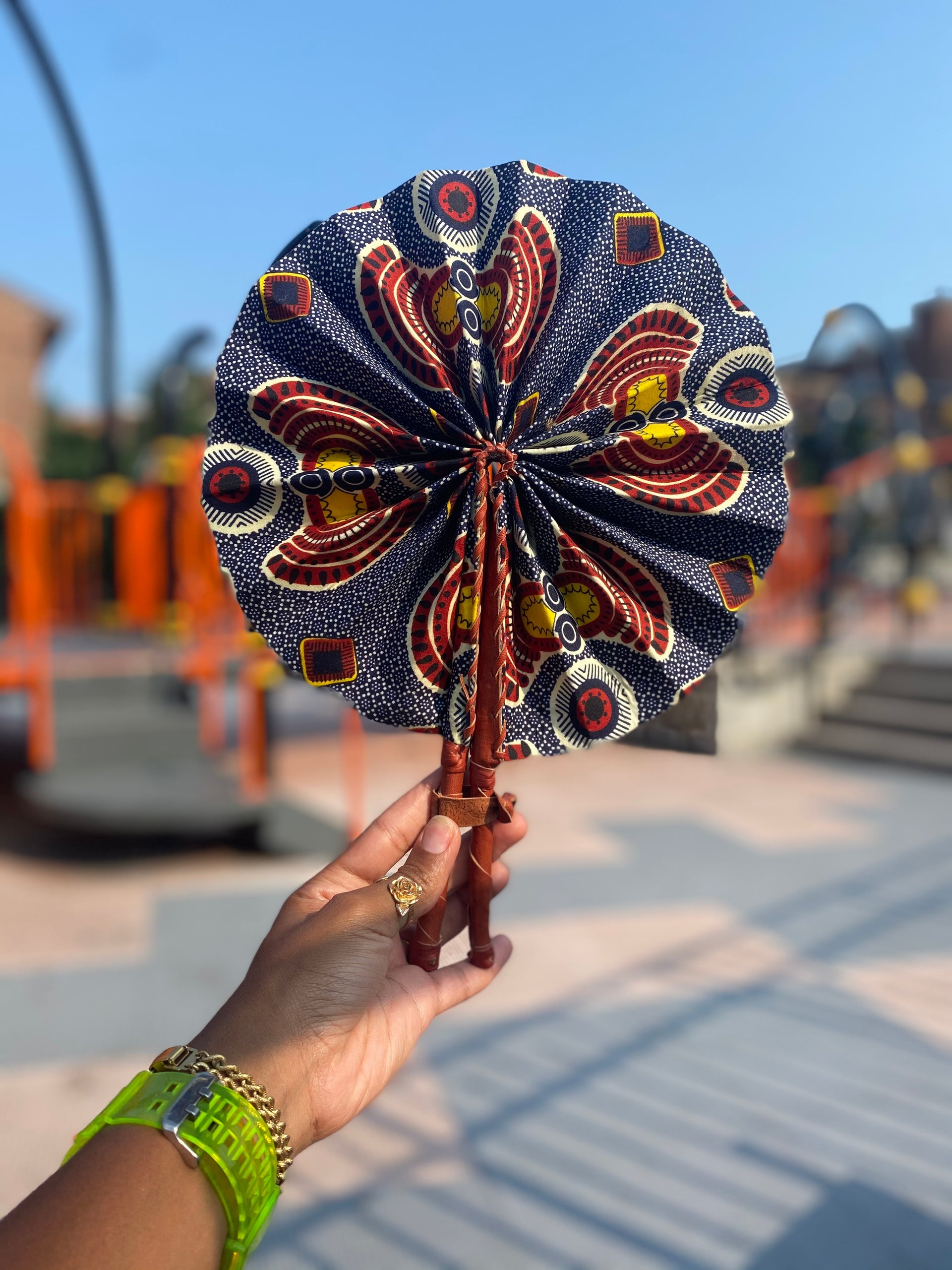 Ankara Fabric Foldable Round Fan with Leather Trim Handle (Made in Gha ...